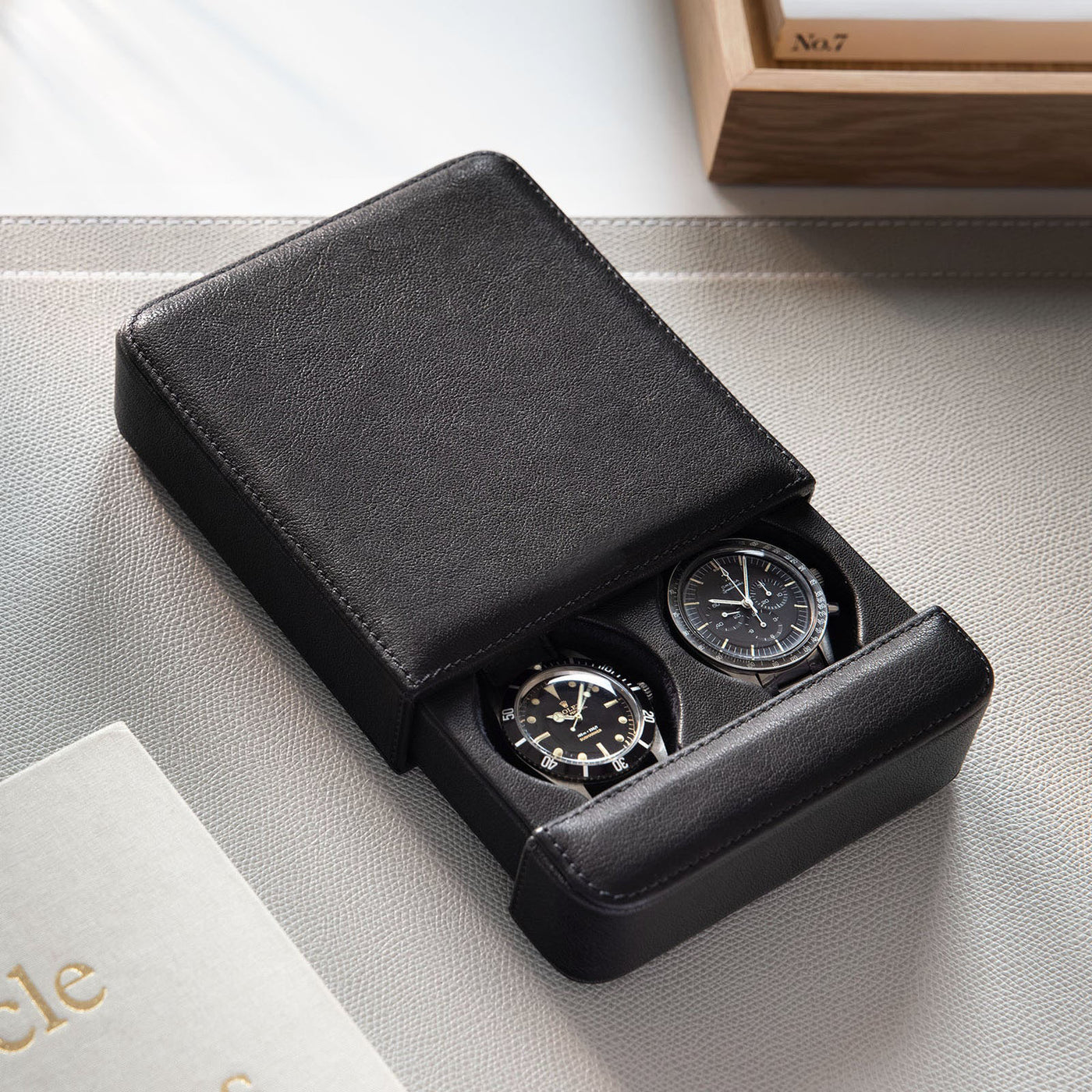 Black Leather 2 Watch Slider Box