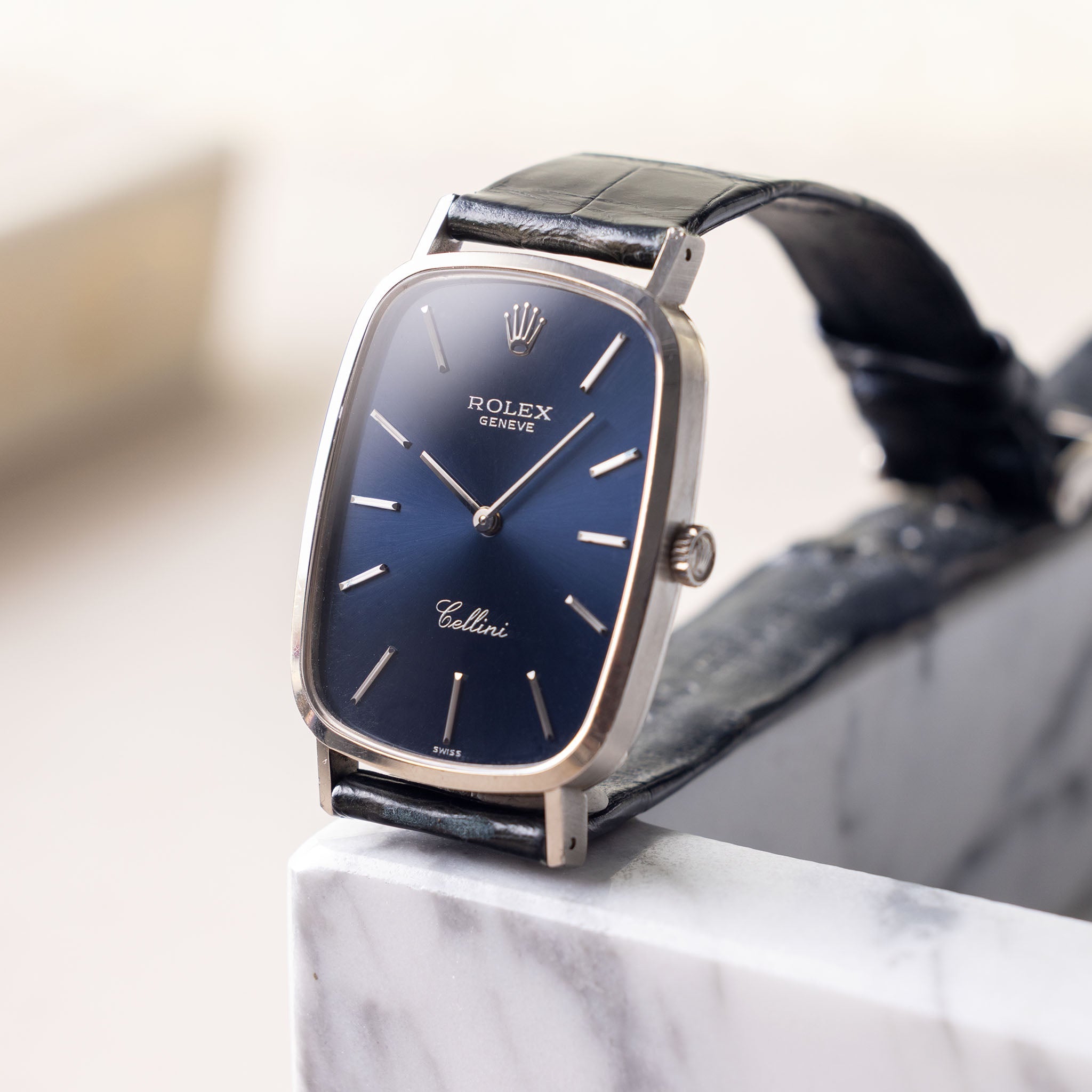 Rolex Cellini Blue Dial Rectangular Case in 18K White Gold Ref. 4113 B